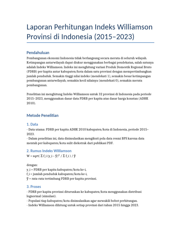 Laporan Indeks Williamson 2015 2023 | PDF