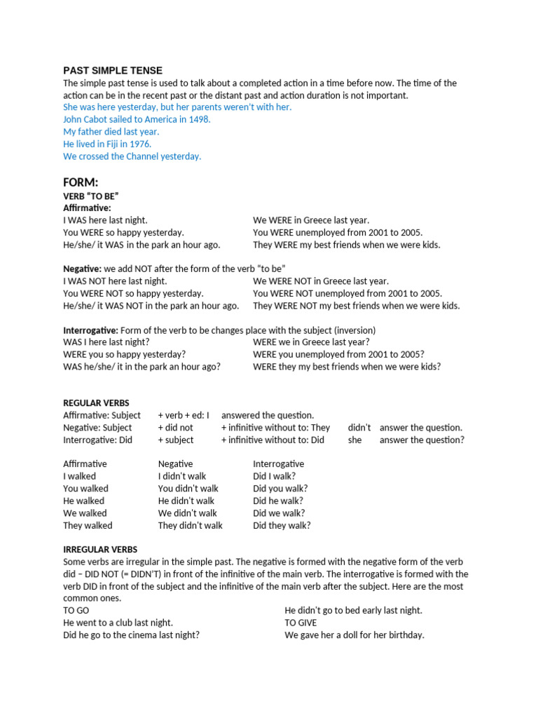 PAST SIMPLE TENSE, Past Continuous, Past Perfect, Past Perfect Continuous Theory | PDF ...
