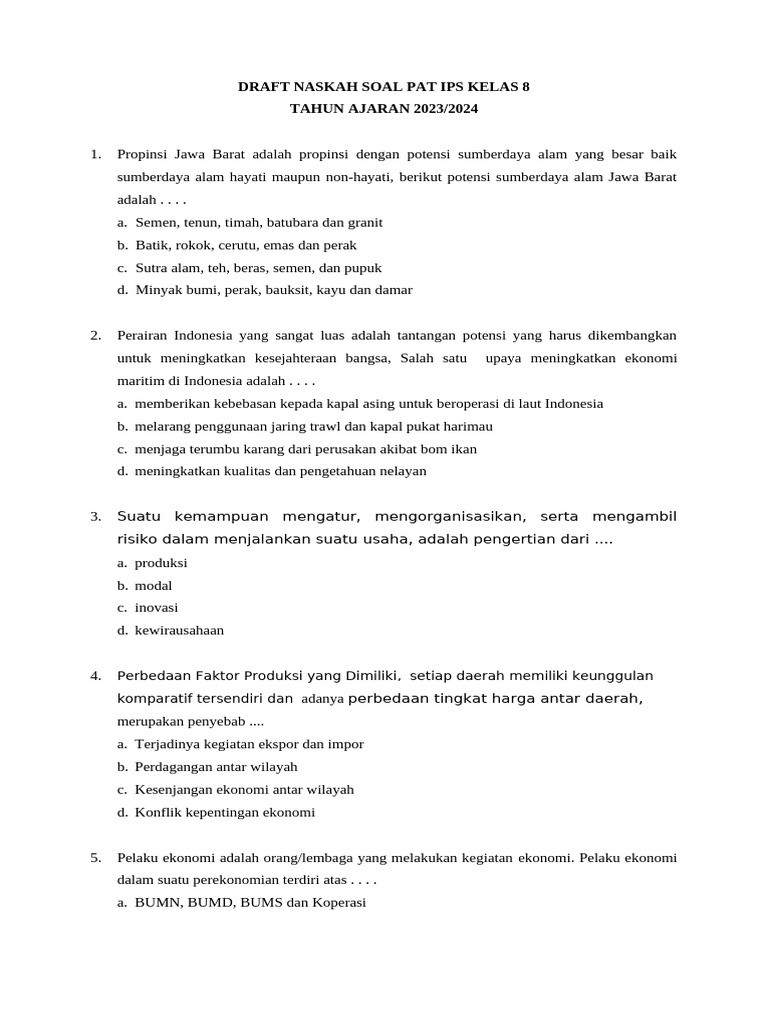 Draft Naskah Soal Pat Ips Kelas 8 | PDF