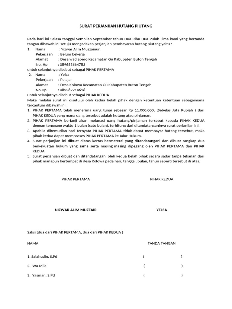 Perjanjian Hutang Piutang Nizwar-Yelsa | PDF