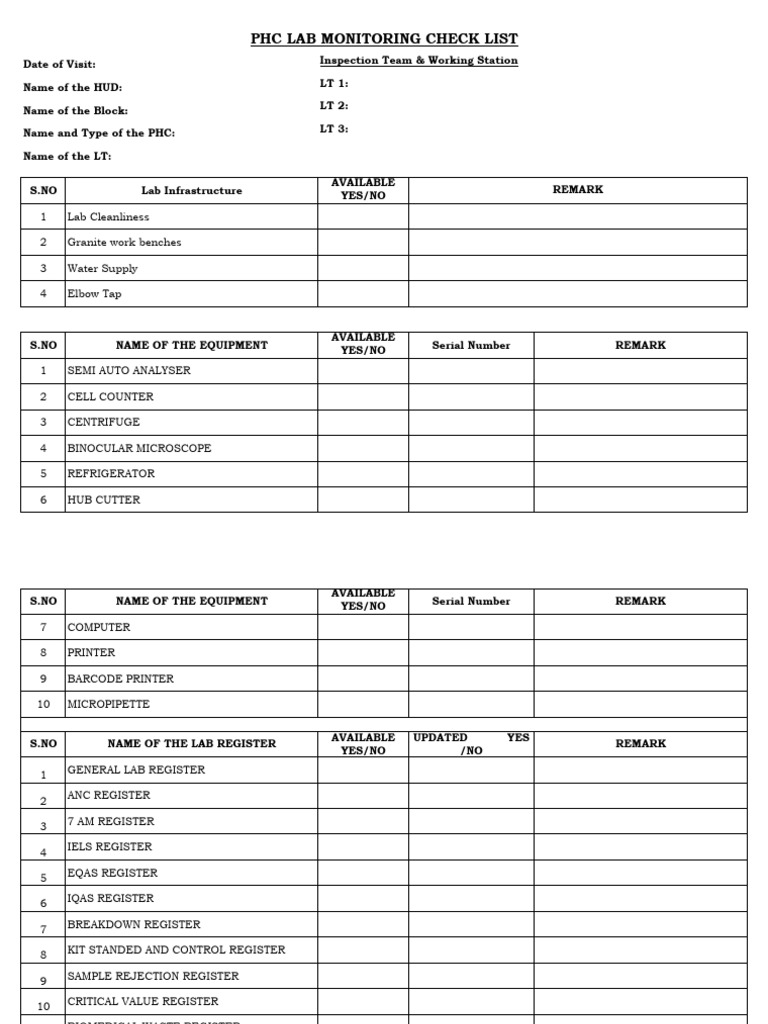 PHC Lab Monitoring Check List | PDF | Blood Plasma | Medical Specialties