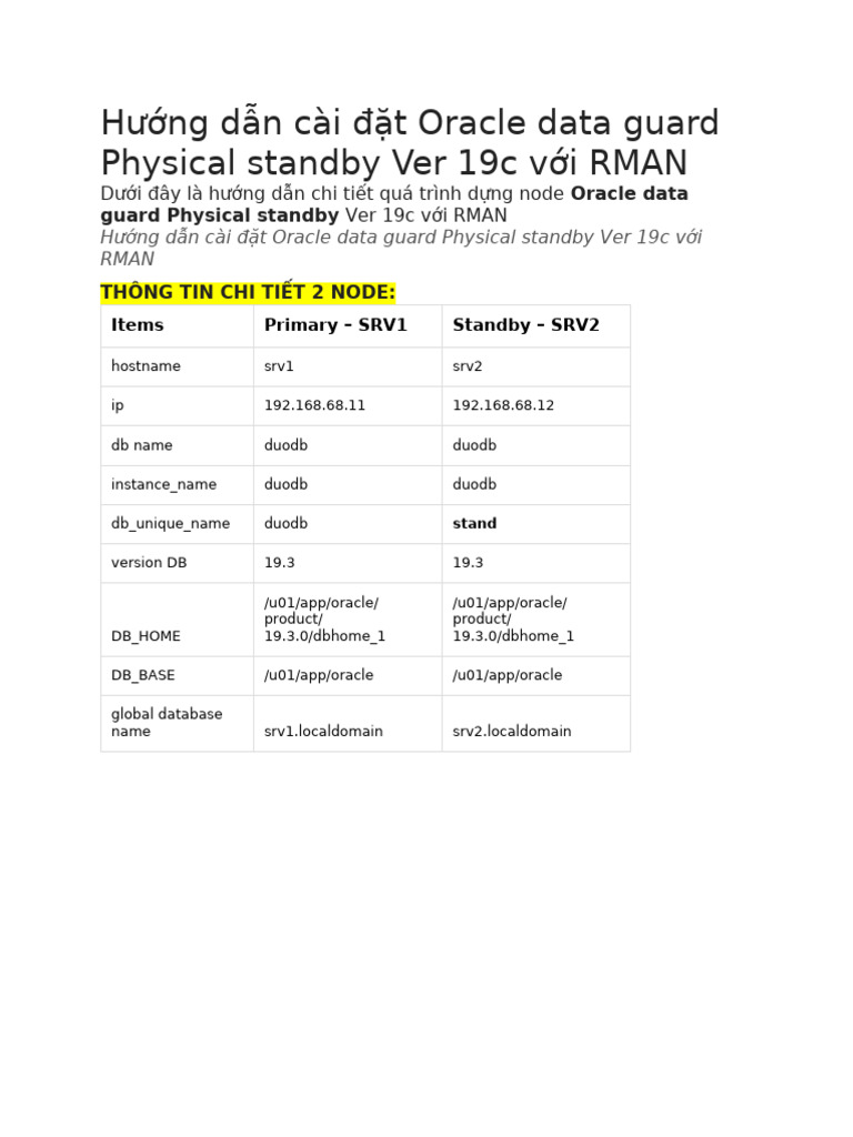 Datalinks - VN - Hướng Dẫn Cài Đặt Oracle Data Guard Physical Standby Ver 19c Với RMAN | PDF