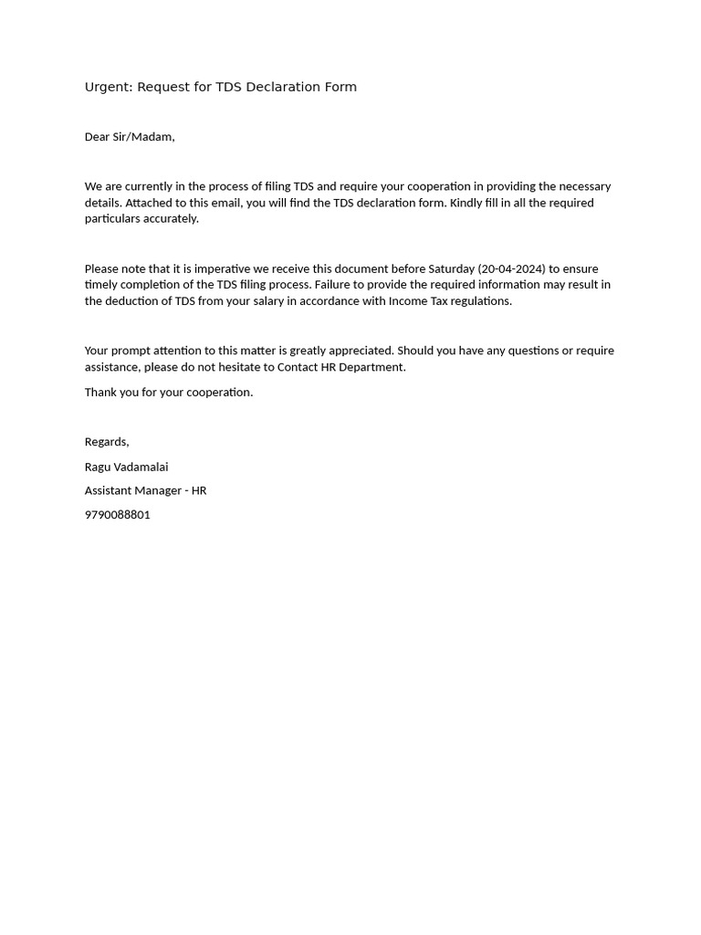 TDS Declaration Form Submission Reminder | PDF