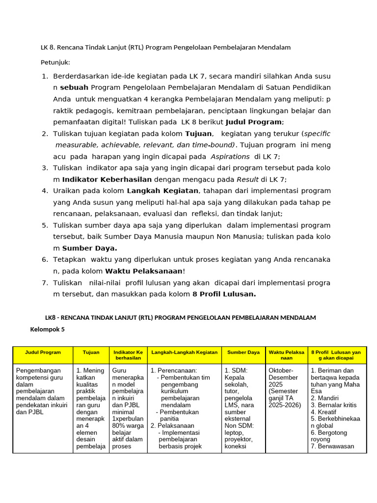 LK 8. Rencana Tindak Lanjut (RTL) Program Pengelolaan Pembelajaran Mendalam | PDF