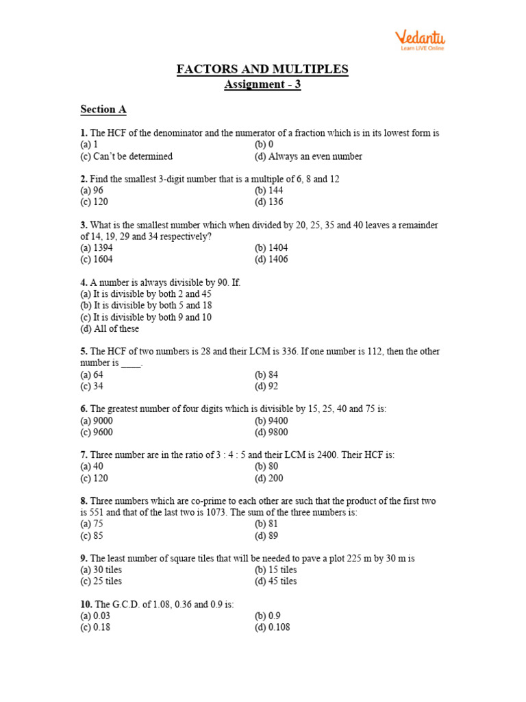 Factors and Multiples Assignment S3 L4 | PDF | Elementary Mathematics | Discrete Mathematics
