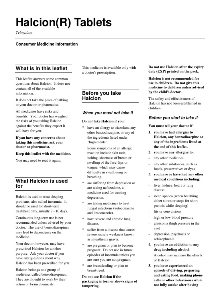 Halcion (R) Tablets: What Is in This Leaflet | PDF | Pharmaceutical ...