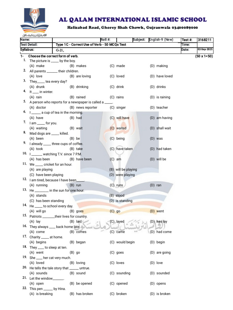 Correct Use of Verbs: 50 MCQs Test | PDF