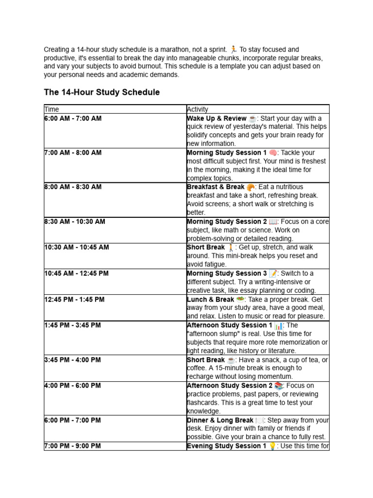 Make A 14 Hour Study Schedule For Me-1 | PDF | Psychological Concepts ...