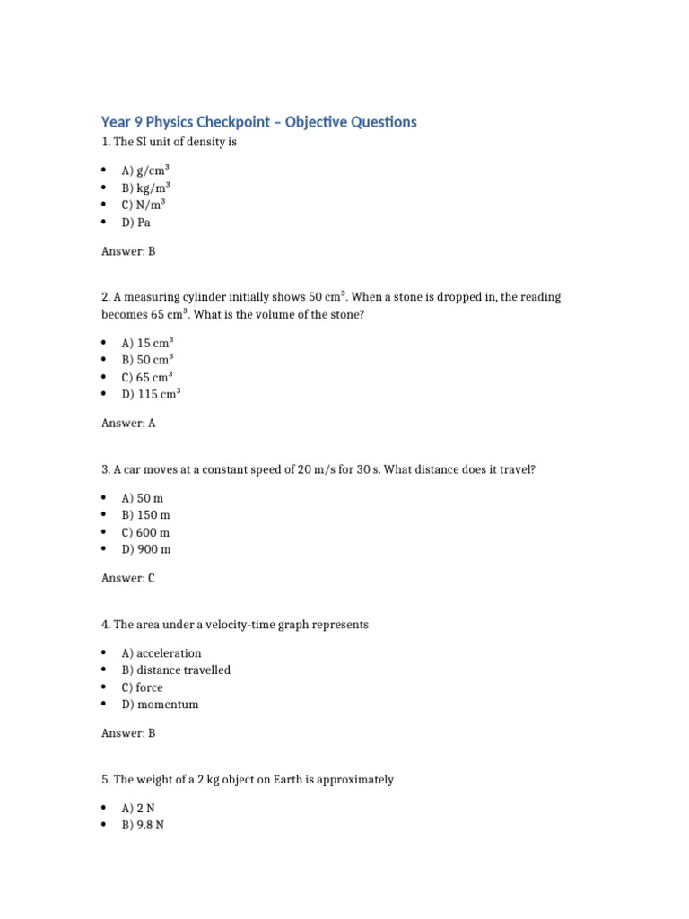 Year9 Physics Objective Questions With Answers | PDF | Momentum | Waves