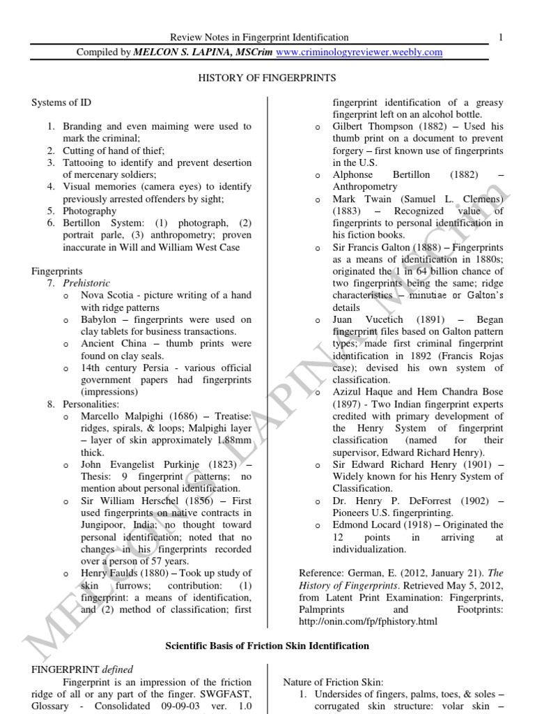 Fingerprint Identification Reviewer - Abridged | PDF | Fingerprint | Hand