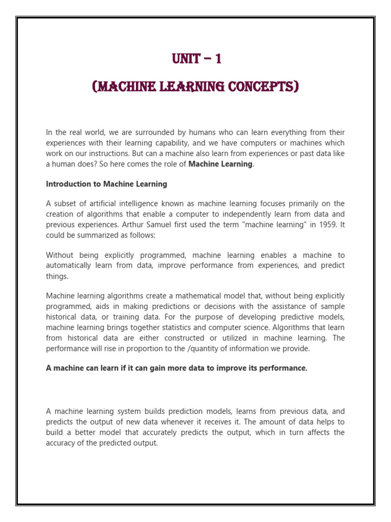 UNIT - 1 (Machine Learning Concepts) | PDF | Machine Learning | Support Vector Machine