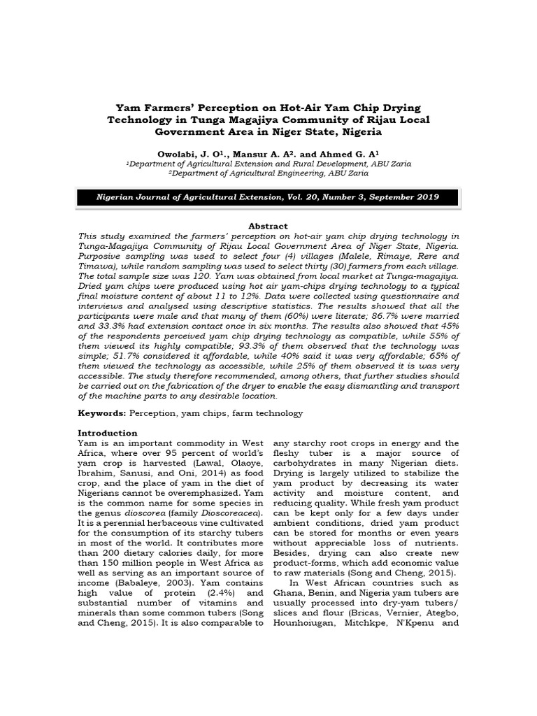 001 Yam Farmers' Perception On Hot Air Yam Chip Drying Technology in ...