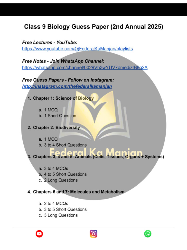 Federal Ka Manjan - Class 9 Biology Guess Paper | PDF