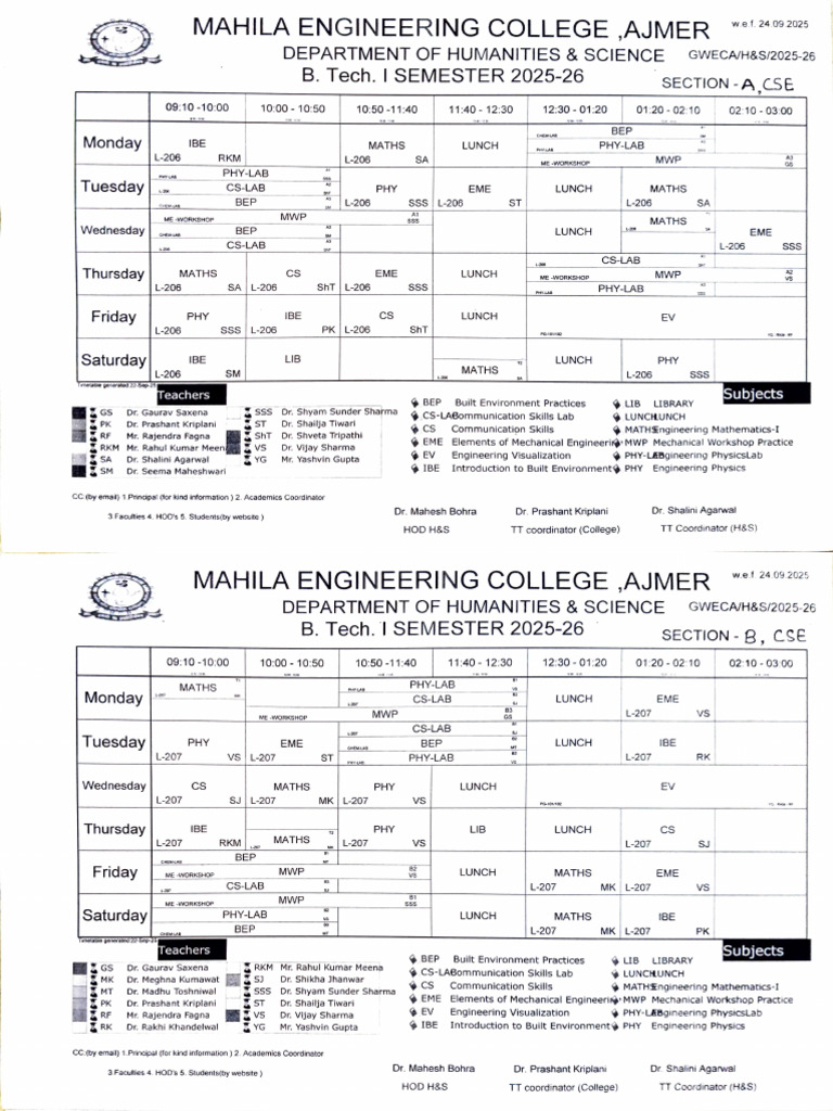 Time Table Sem 1 22 Sep 25 | PDF