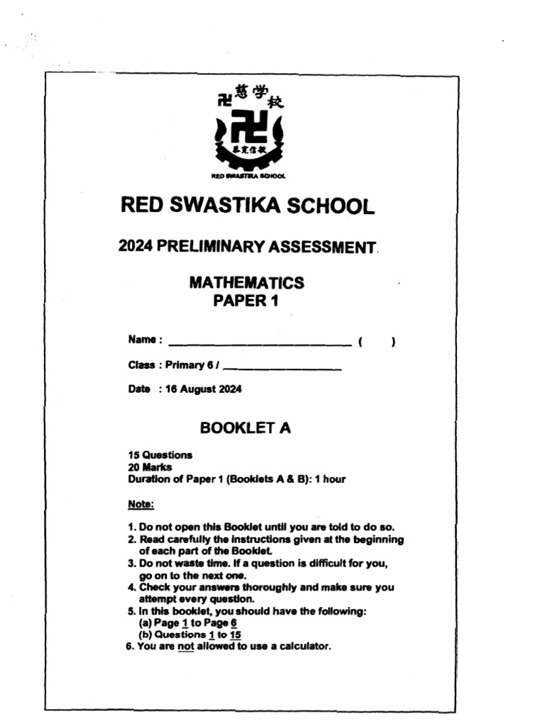 2024 P6 Maths Prelim Exam Red Swastika | PDF