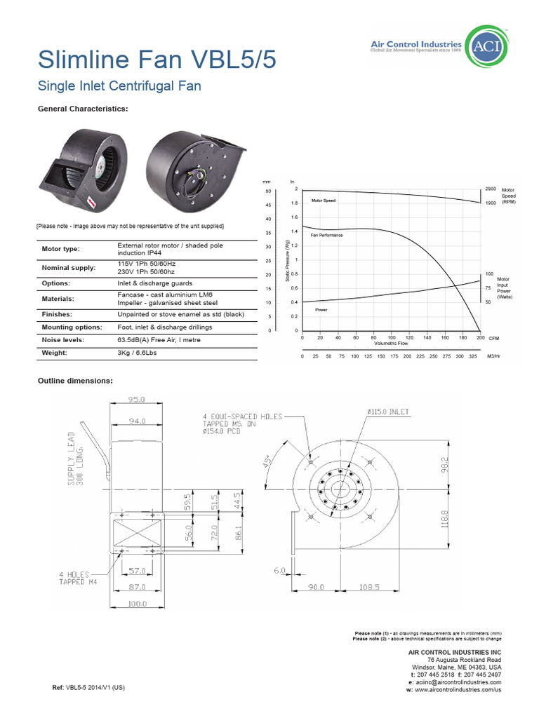 VBL5 5 Slimline Fan Data Sheet | PDF