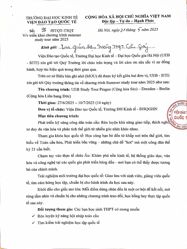 THPT Cau Giay - Study Tour 2025 | PDF