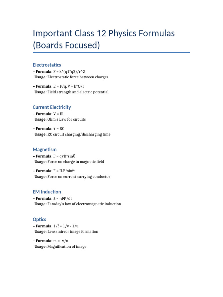 Class 12 Physics Formulas PDF Guide | PDF
