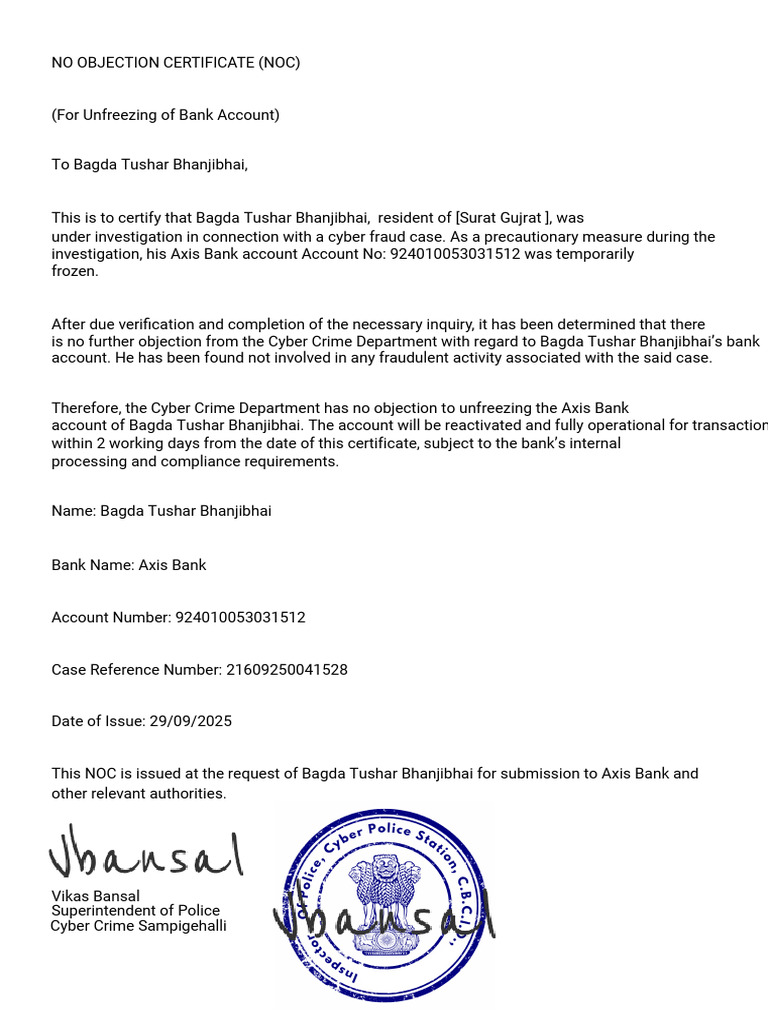 NOC for Unfreezing Bank Account | PDF