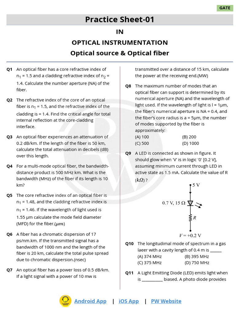 Optical Sources and Optical Fibers Practice Sheet 01 | PDF | Optical ...