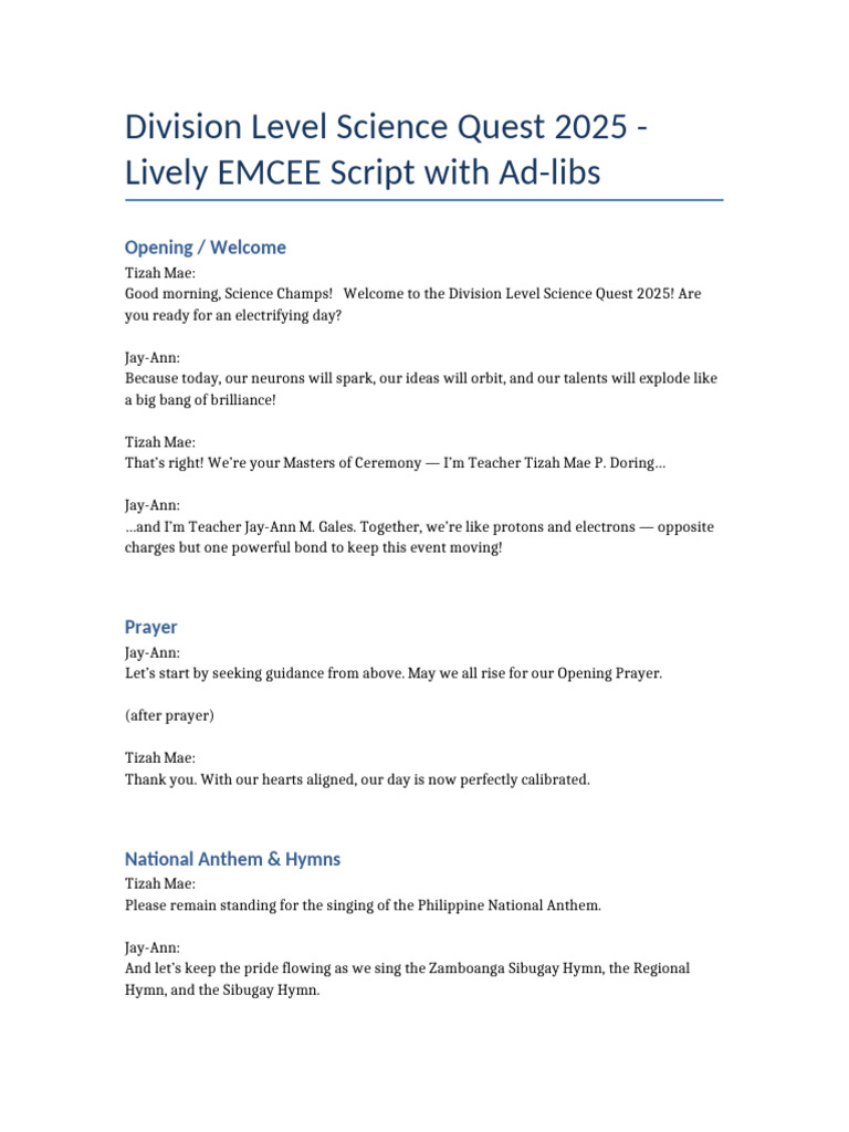 Science Quest 2025 EMCEE Script | PDF