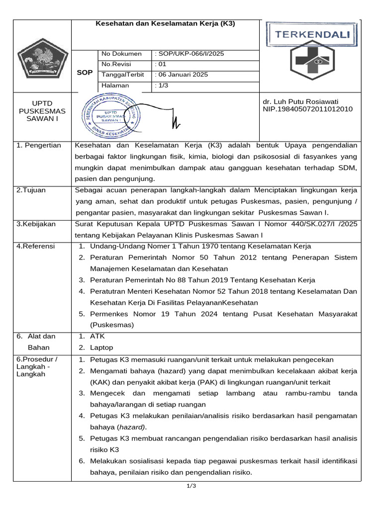 SOP Kesehatan dan Keselamatan Kerja K3 | PDF