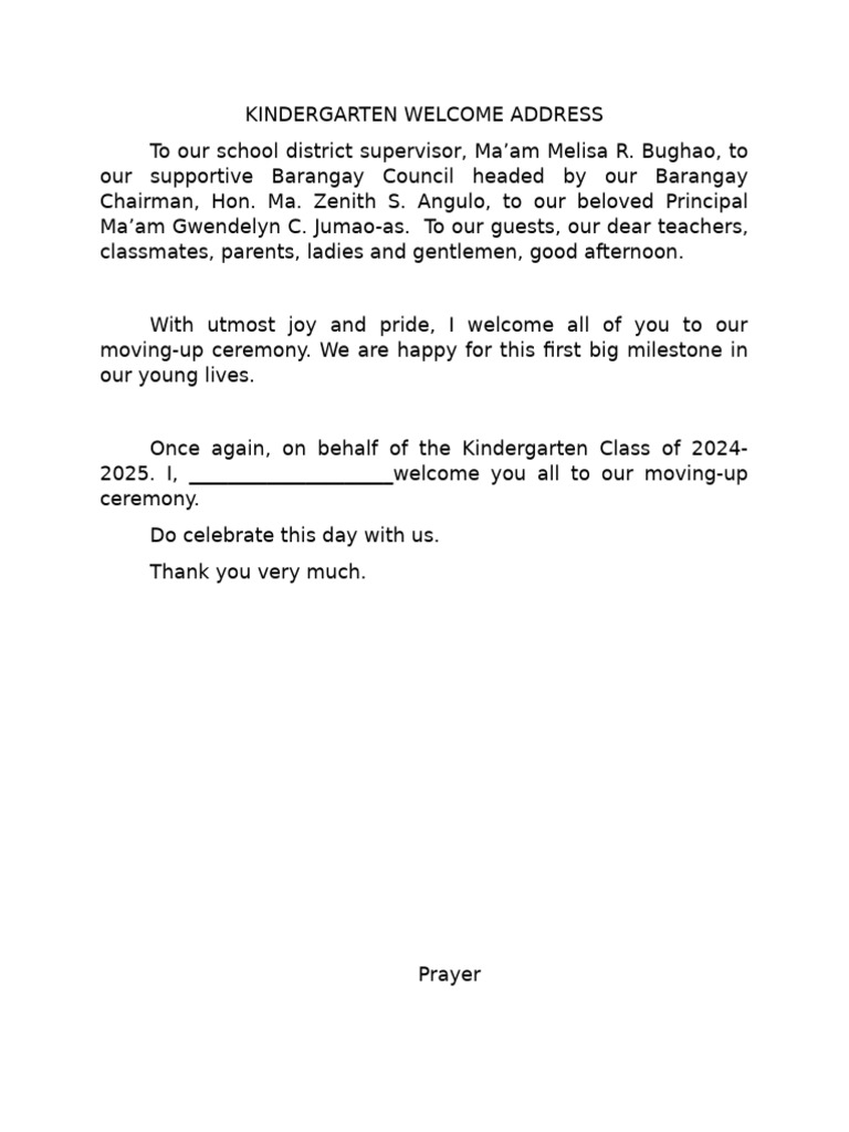Kindergarten Welcome Address (Autorecovered) | PDF