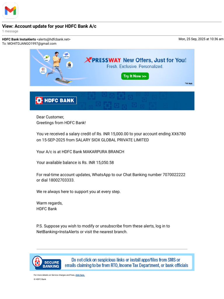 HDFC Bank Account Update Notification | PDF
