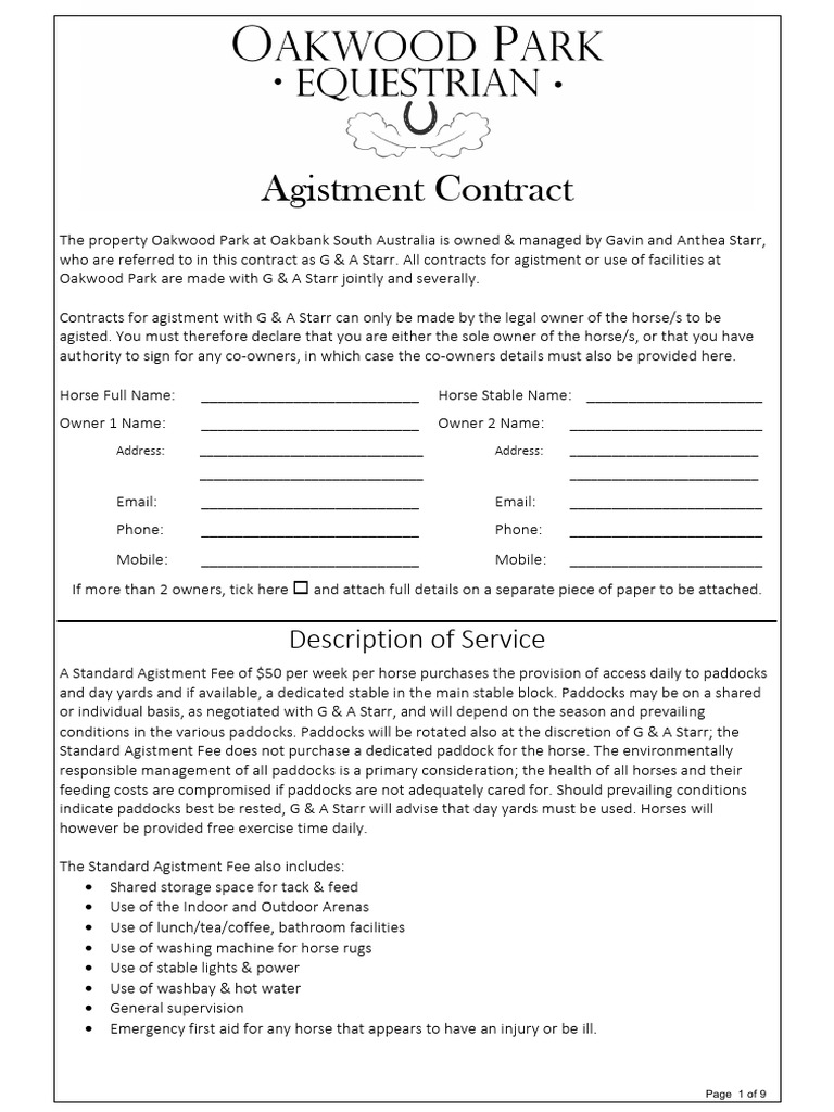 Agistment Agreement Template | PDF | Hay | Payments