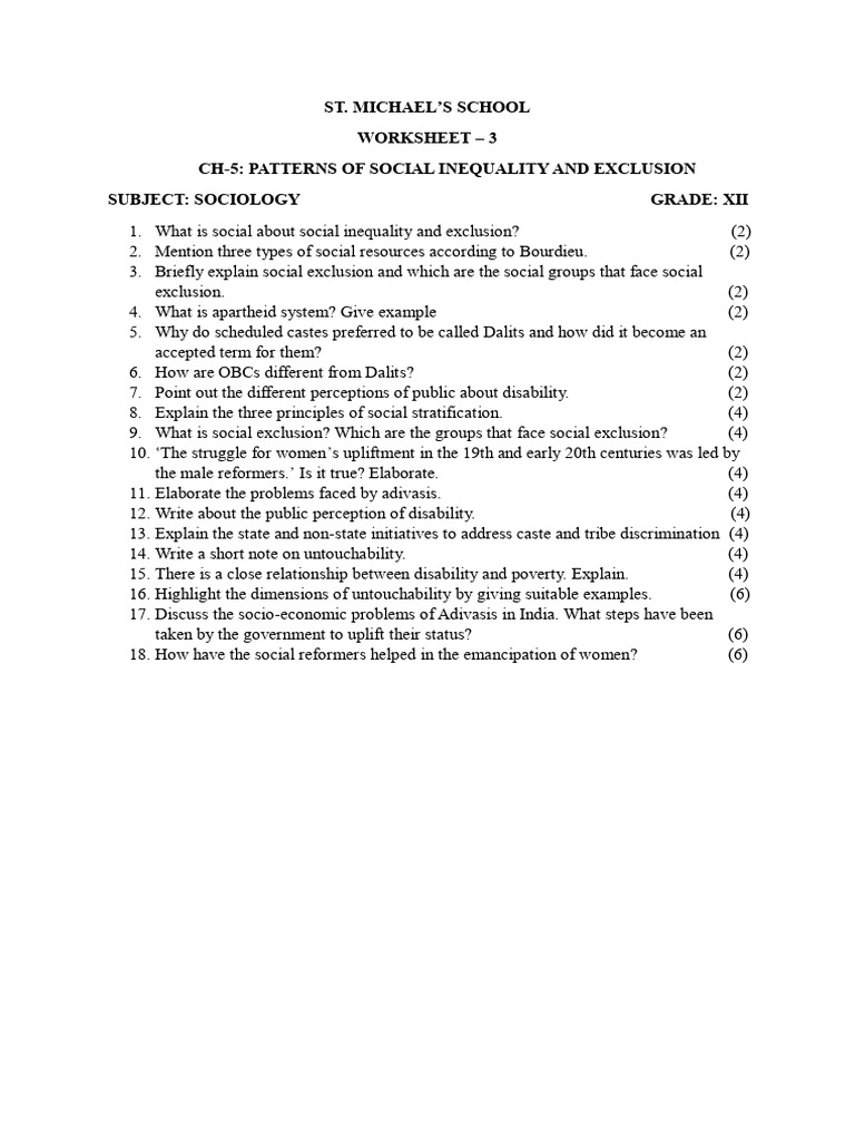 Sociology Class XII Worksheet - Patterns of Social Inequality and ...