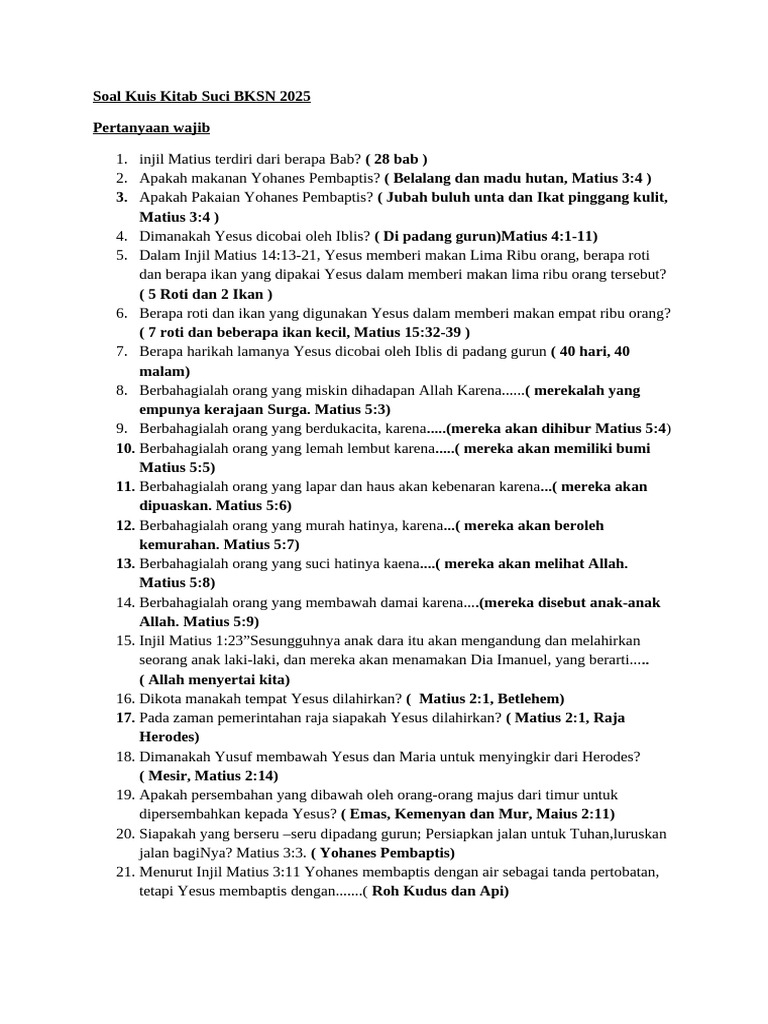 Soal Kuis Kitab Suci BKSN 2025 | PDF