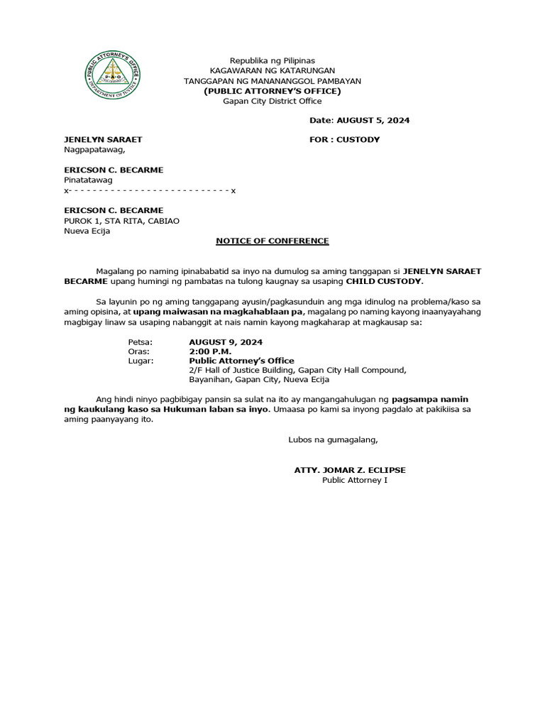 Notice of Conference (Jenelyn Saraet) PDF | PDF