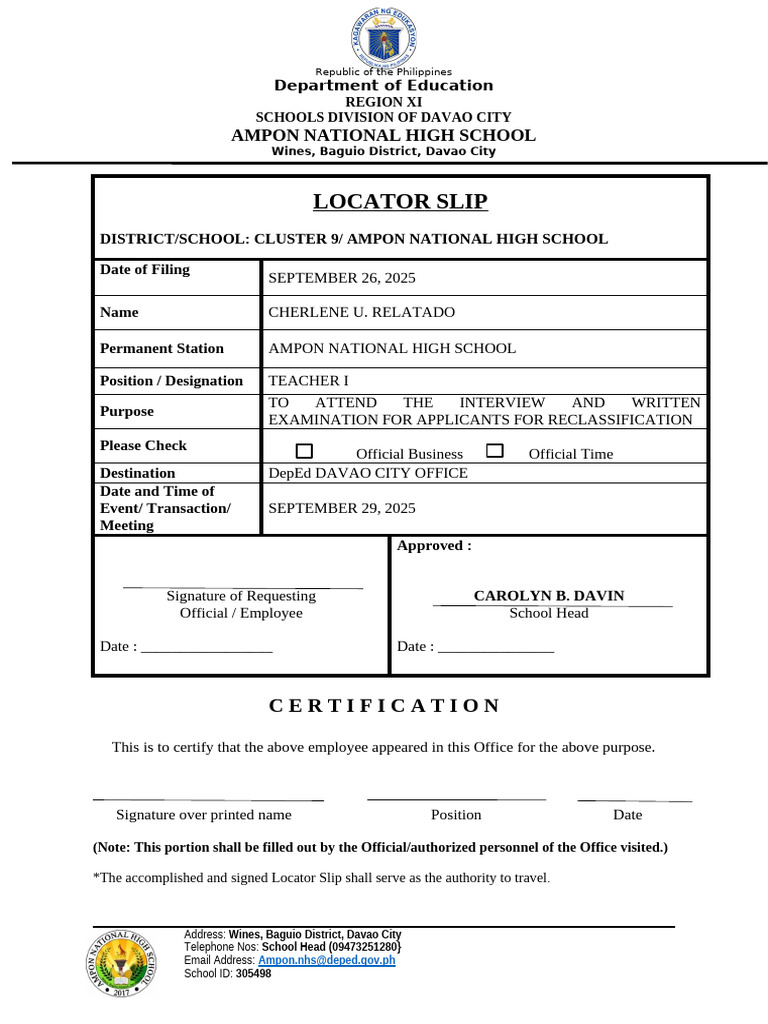 Locator Slip for Teacher Interview | PDF