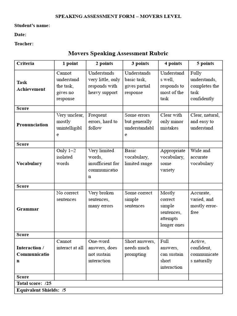 Speaking Movers Assessment Form | PDF | Vocabulary | Communication