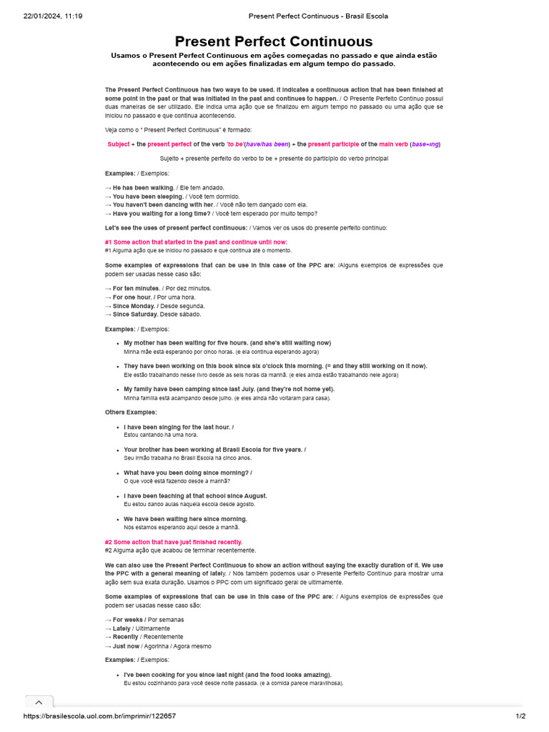 Present Perfect Continuous - Brasil Escola | PDF | Linguística