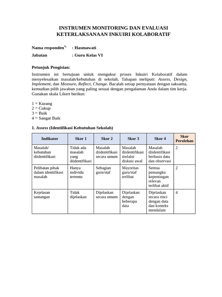 Instrumen Monev Keterlaksanaan Inkuiri Kolaboratif SDN 009 Nongsa | PDF