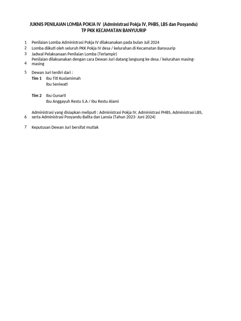 Jadwal Penilaian PHBS Dan LBS Tahun 2024 | PDF