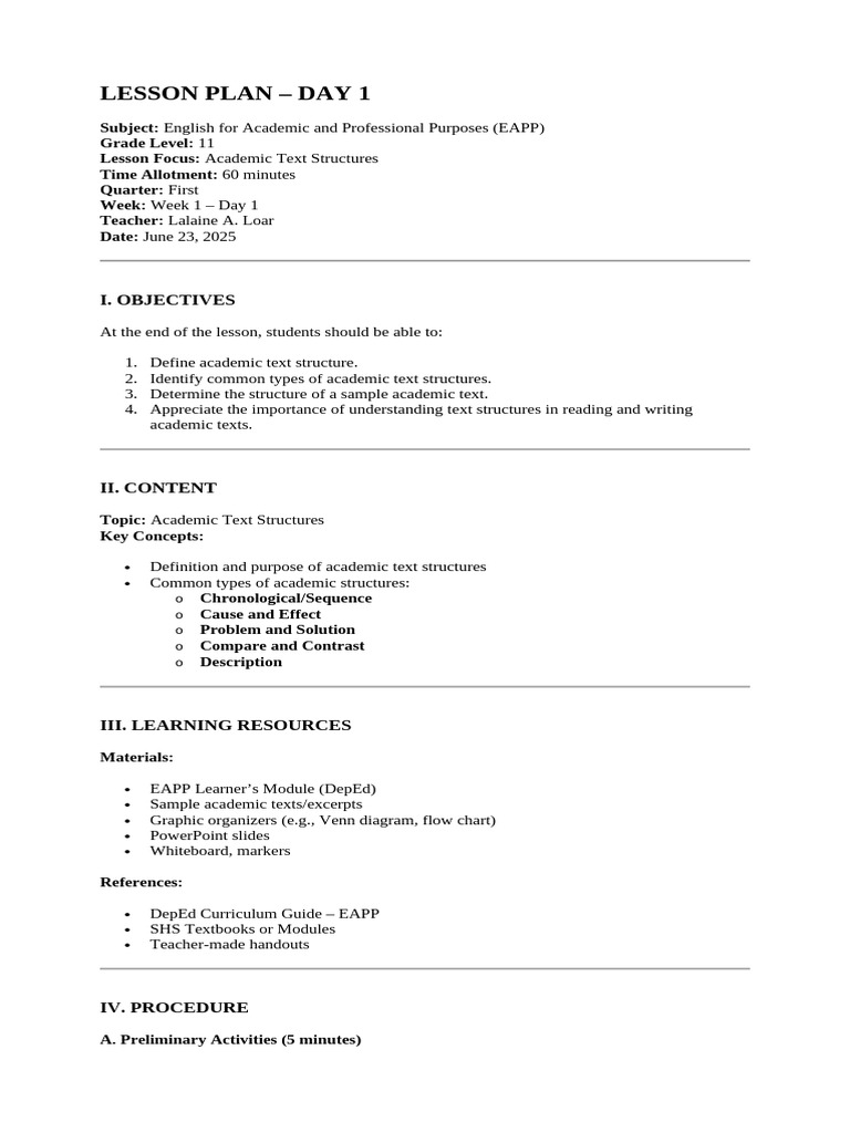 Detailed Lesson Plan Day 1 | PDF | Essays | Lesson Plan