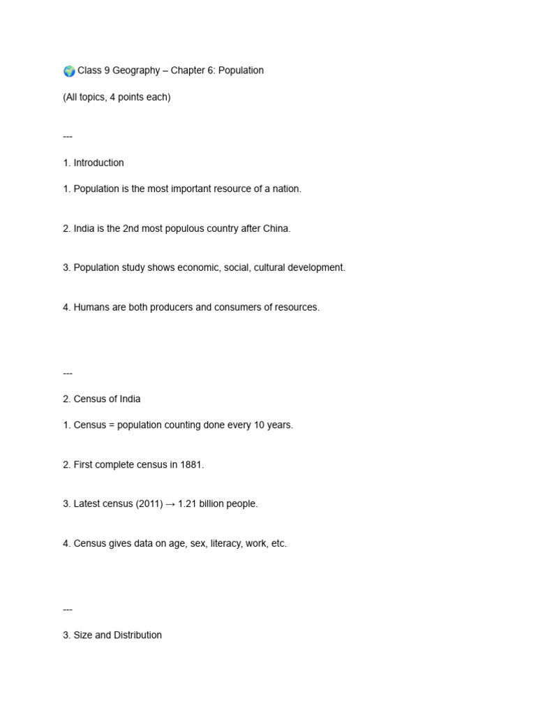 Class 9 Geography - Chapter 6 - Population | PDF | Health Care | Literacy