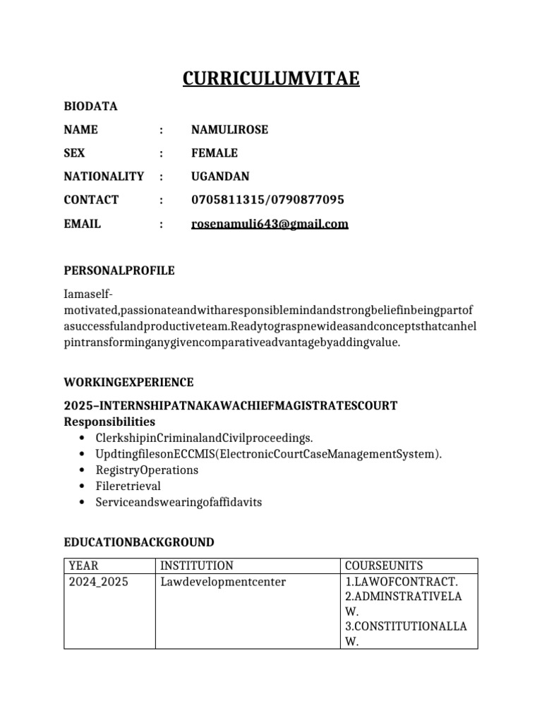 Curriculum Vitae Namuli Rose | PDF