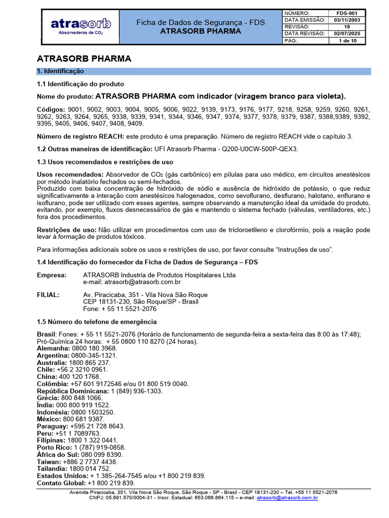 FDS Atrasorb Pharma | PDF | Reações químicas | Desperdício