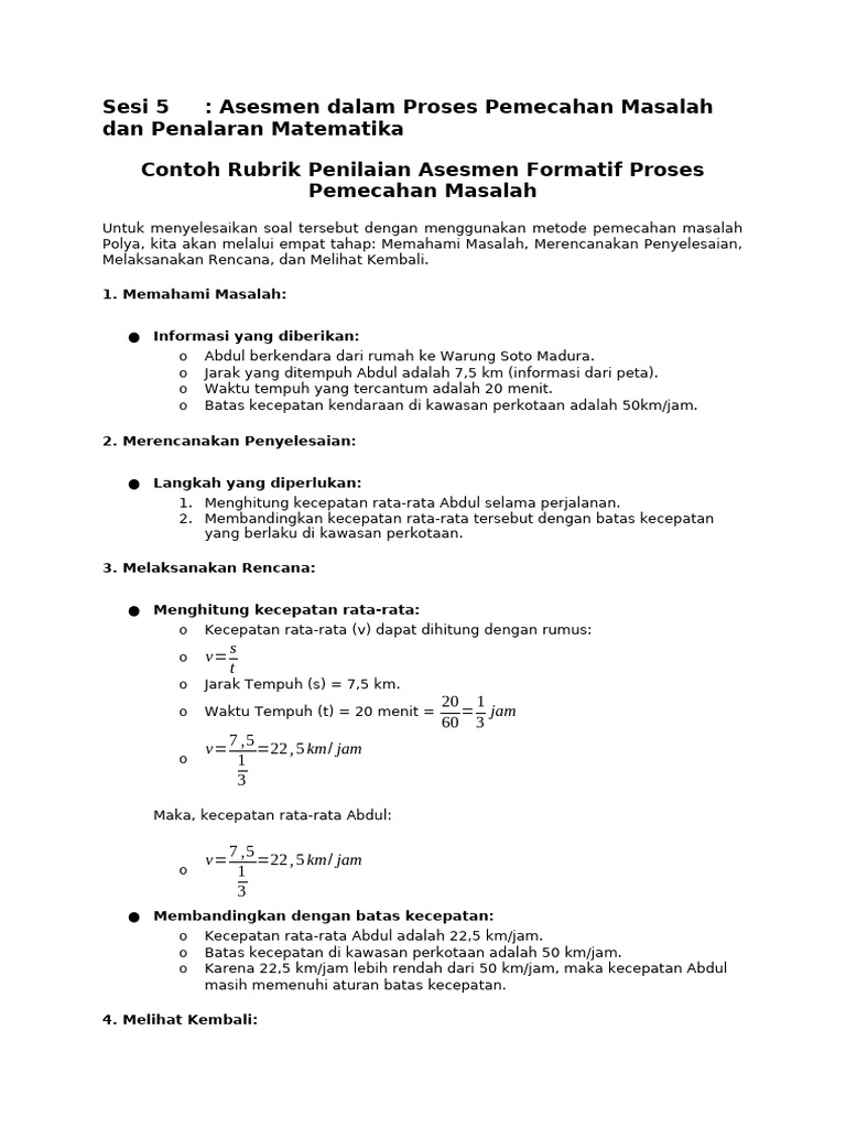 Contoh Rubrik Penilaian Asesmen Formatif Proses Pemecahan Masalah | PDF