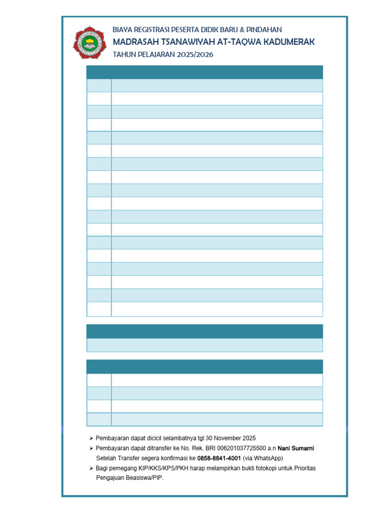 Rincian Biaya DSP 2025-2026 MTs | PDF