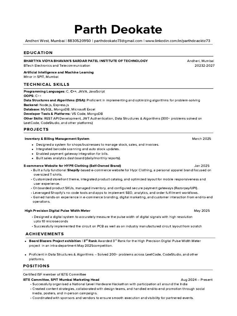 Resume Parth Deokate | PDF | E Commerce | Computing