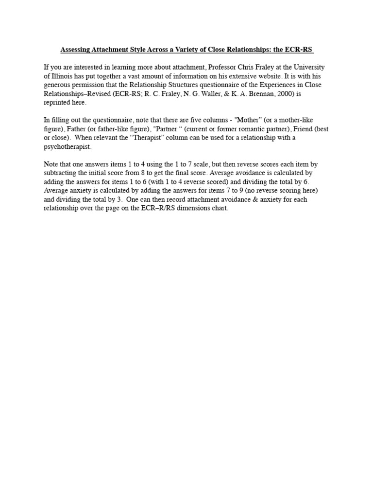 ECR-RS: Assessing Attachment Styles | PDF | Interpersonal Relationships ...