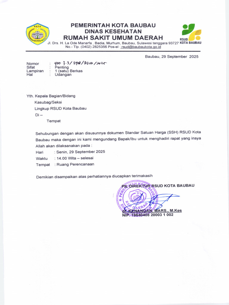 Surat Undangan Pertemuan Standar Satuan Harga (SSH) | PDF