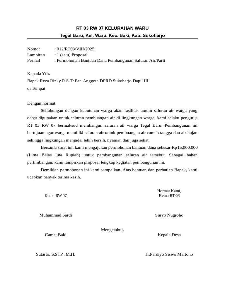 Surat Permohonan Bantuan RT 03 RW 07 | PDF