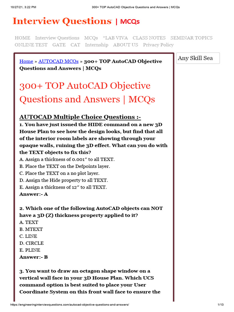 AutoCAD MCQs: Commands and Functions | PDF | Cartesian Coordinate ...
