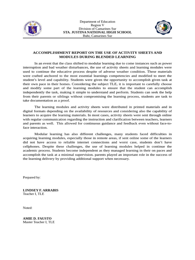 Accomplishment Report On The Use of Activity Sheets and Modules During ...