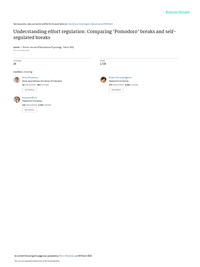 Understanding Effort Regulation: Comparing Pomodoro' Breaks and Self ...